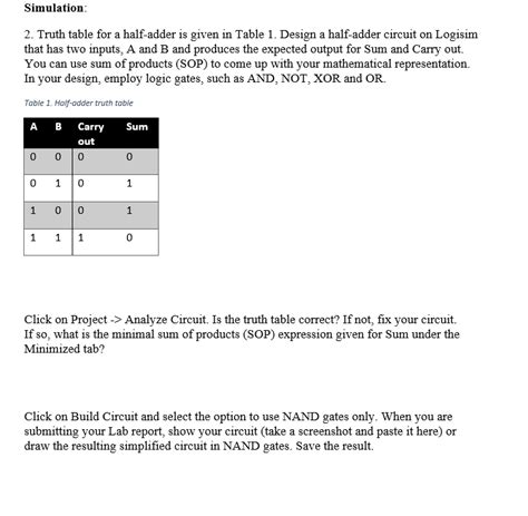 Solved 2 Truth Table For A Half Adder Is Given In Table 1 Chegg Com
