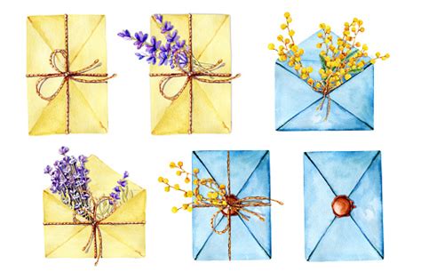 편지 왁스 씰 미모사 라벤더와 함께 오래된 종이의 우편 봉투 손으로 그린 수채화 클로즈업 일러스트 메일 서신 메시지 배경 템플릿의 디자인 개념 수채화에 대한 스톡 벡터 아트