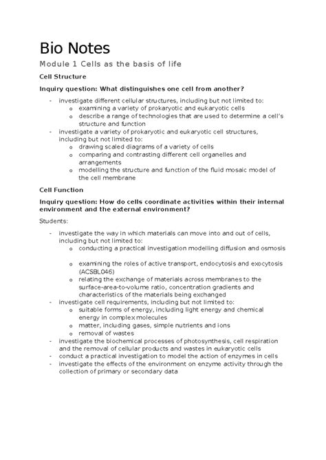 Bio Notes Bio Notes Module 1 Cells As The Basis Of Life Cell Structure Inquiry Question What