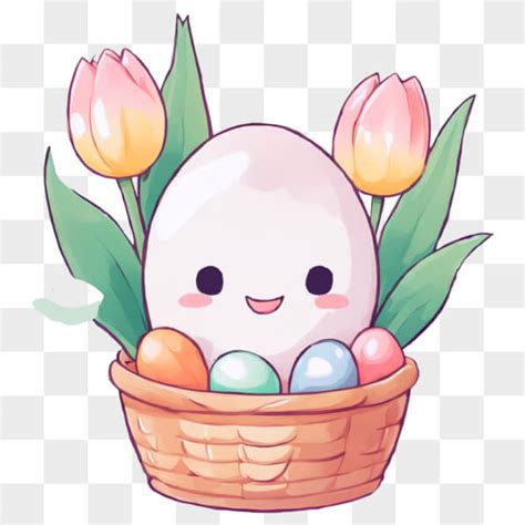 Download Kawaii Easter Egg In Basket With Colorful Tulips Online Creative Fabrica
