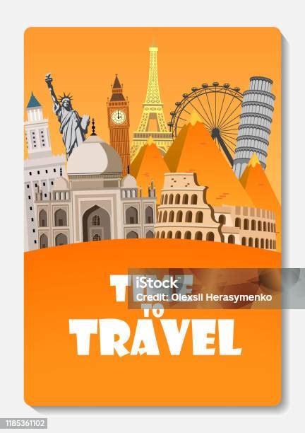 세계로 여행 여행 세계의 유명한 랜드 마크의 큰 세트 여행 관광 여름 휴가 시간입니다 여행의 다른 유형 플랫 디자인 벡터 일러스트레이션 개체 그룹에 대한 스톡 벡터 아트 및