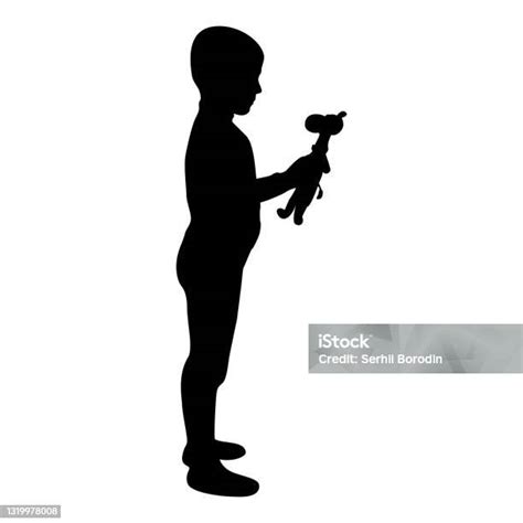 실루엣 소년 보유 장난감 아이 보유 기린 유치원 형제 잡고 Amigurumi 아들 와 선물 테디 놀이 선물 친구 용 어린이 아이 검정 색 벡터 일러스트 플랫 스타일 이미지