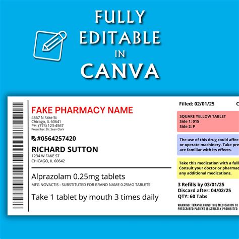 Editable Prescription Label Template Printable Editable Horizontal Rx