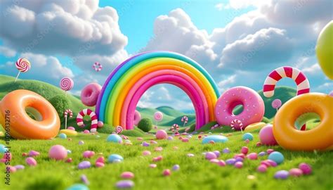 Candyland Background With Rainbow Candy House And Lollipops On The Grass Field Cartoon Design