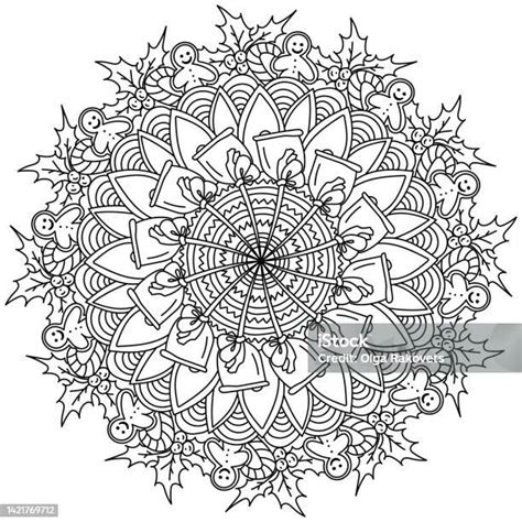 크리스마스 만다라 진저 브레드 맨 홀리와 화려한 패턴과 명상 색칠 공부 페이지 컬러링 북 페이지 일러스트레이션 기법에 대한 스톡 벡터 아트 및 기타 이미지 컬러링 북