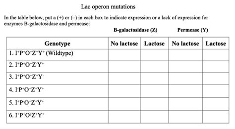 Solved Text Lac Operon Mutations In The Table Below Put A Or In Each Box To Indicate
