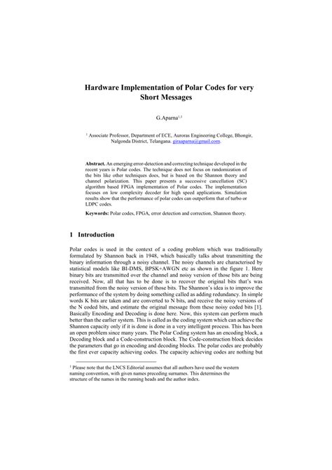PDF Hardware Implementation Of Polar Codes For Very Short Messages