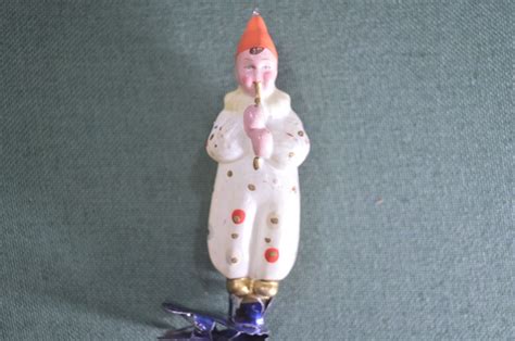 Купить Игрушка елочная стеклянная Клоун с дудочкой оранжевый колпачок Стекло прищепка 3