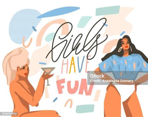 여자와 젊은 행복 긍정적 인 라이프 스타일 여성과 손으로 그린 벡터 추상적 인 스톡 그래픽 일러스트 는 흰색 콜라주 배경에 고립 된 재미 필기 서예 텍스트를 갖고 싶어 가정