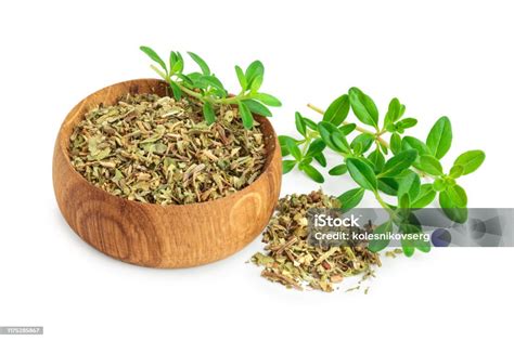 나무 그릇에 말린 백리향 잎 흰색 배경에 고립 된 신선한 백리향 가루로 빻은에 대한 스톡 사진 및 기타 이미지 가루로 빻은