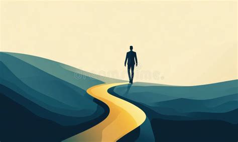Silhouette Of Man Walking On Curved Yellow Path Through Abstract