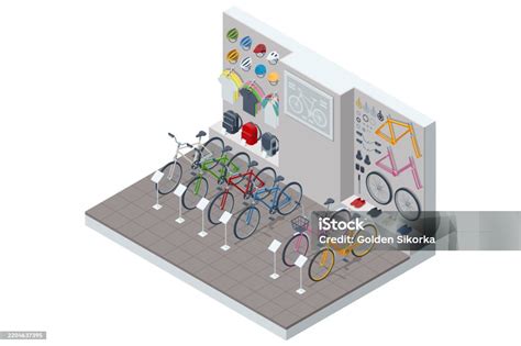 여러 대의 자전거가 전시 된 자전거 가게의 아이소 메트릭 벡터 그림입니다 이 매장에는 헬멧 액세서리 도시 사이클링 및 출퇴근을 위한 예비 부품이 포함되어 있습니다 개인