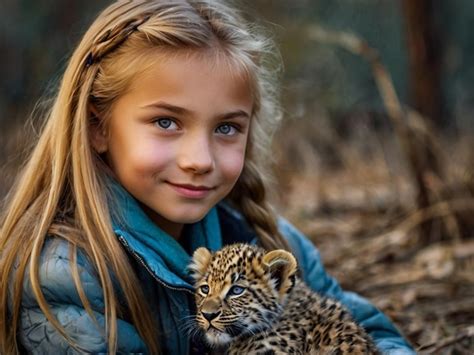 A Girl With A Leopard Cub Is Holding A Leopard Cub Premium Ai