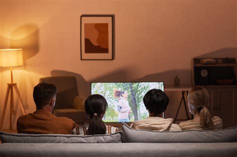 Back View Of Young People Watching Movies At Home While Sitting On Sofa