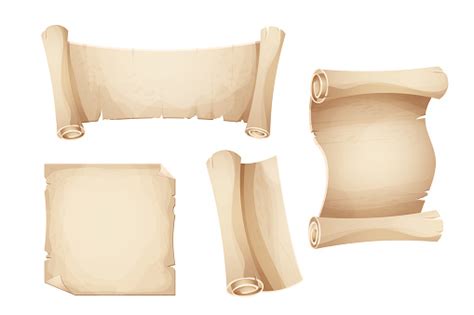 고대 오래된 양피지 종이 스크롤 페이지 빈 중세 편지를 흰색 배경에 고립 된 만화 스타일로 설정하십시오 게임 자산 그런 지 프레임 원고 벡터 일러스트 레이 션 양피에 대한