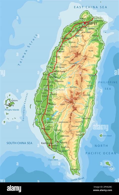 Highly Detailed Taiwan Physical Map With Labeling Stock Vector Image