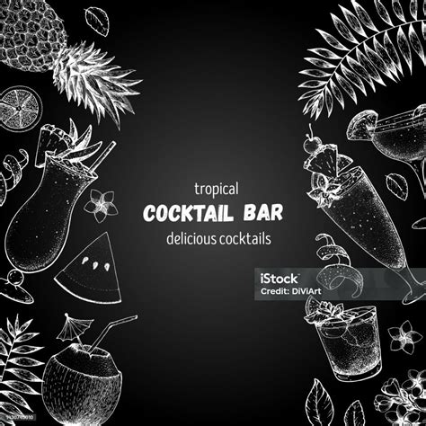 Cocktails Hand Drawn Vector Illustration Alcoholic Cocktails Sketch Set Engraved Style Design