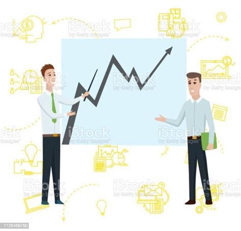 비즈니스 사람 서 화이트 보드에 다이어그램 차트를 가리키는 실업가 만화 캐릭터 플립에 전략 계획 또는 보고서를 보여줍니다 평면 벡터 일러스트입니다 가리키기에 대한 스톡 벡터