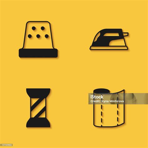 바느질 섬유 직물 롤 스풀에 재봉실 긴 그림자가 있는 전기 철 아이콘을 위한 Thimble을 설정합니다 벡터 가사 집안일에 대한 스톡 벡터 아트 및 기타 이미지 Istock