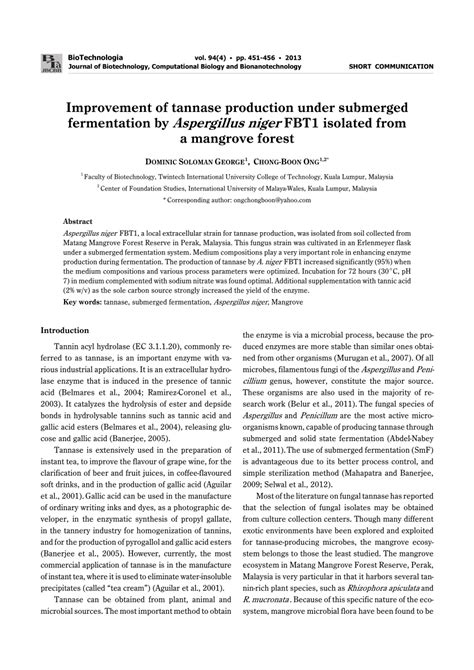 Pdf Improvement Of Tannase Production Under Submerged Fermentation By Aspergillus Niger Fbt1