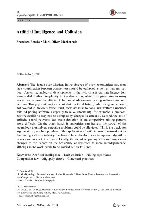 Pdf Artificial Intelligence And Collusion