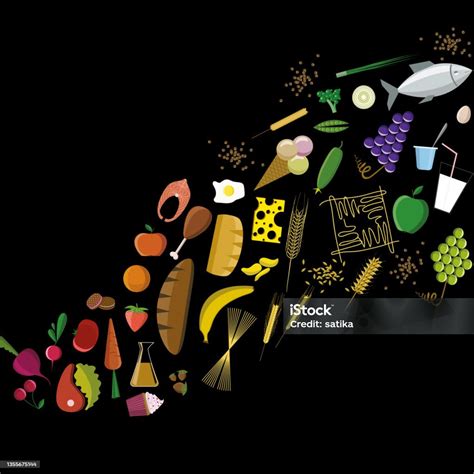 플랫 푸드 아이콘 검은 색 배클그라운드에 파도 모양 무지개 색상 기호 저울에 대한 스톡 벡터 아트 및 기타 이미지 저울 고기 채소 Istock