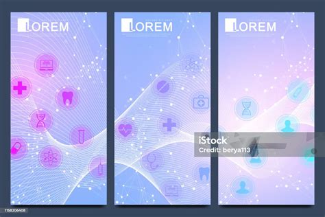 벡터 전단지의 현대 세트 건강 관리 아이콘 패턴의료 추상배경 Dna 가닥 라인과 점 웨이브 흐름 Dna 분자 구조 설계 카드 표면 Dna에 대한 스톡 벡터 아트 및 기타