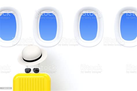 흰색 배경에 선글라스 모자 비행기 창문이 있는 현대적인 노란색 가방 가방을 닫으세요 여행 개념 휴가 여행 공간을 복사합니다 최소한의 스타일 3d 렌더링 일러스트레이션 대형에