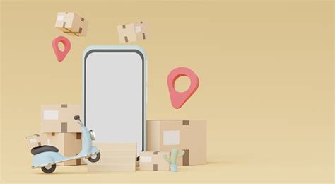 3d 렌더링 모형 및 창의적인 디자인을 위한 흰색 복사 공간이 있는 작업을 위한 최소한의 미니 휴대폰 또는 스마트폰 온라인 쇼핑 개념입니다 파스텔 배경에 온라인 미니 스쿠터