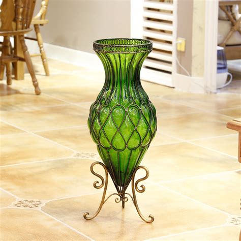 67cm Green Glass Tall Floor Vase And 12pcs Dark Pink Artificial Fake