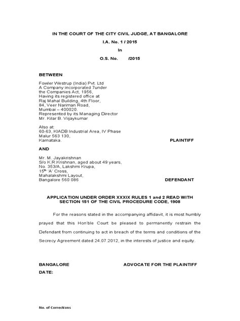 Application Under Order 39 Rules 1 And 2 Pdf Injunction Government