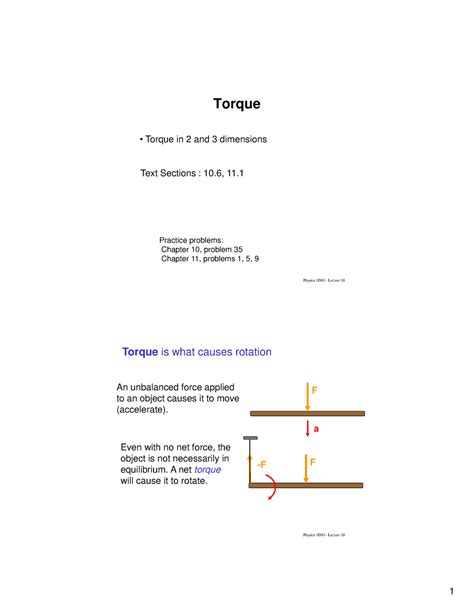 Lecture 12 Torque Physics 1D03 Lecture 10 Torque Text Sections 10 11 Torque In 2 And 3