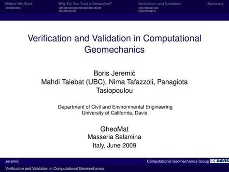Verification And Validation In Computational Boris Jeremic