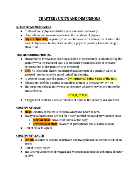 Units And Dimensions Notes Class CHAPTER UNITS AND DIMENSIONS NEED FOR MEASUREMENT In