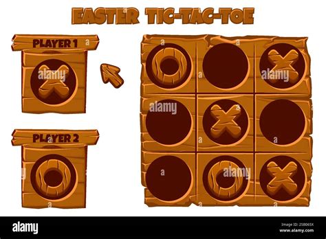 Tic Tac Toe Wooden Style Ui Game With Cursor Arrow Vector Cartoon