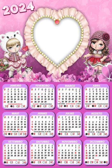 Calendário Jolie Coração 2024 Moldura Png Digital Grátis
