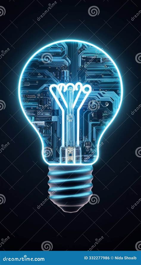 Light Bulb With Circuit Board Filament Glowing Blue Fusing Traditional And Digital Technology