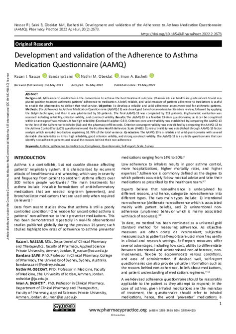 Pdf Development And Validation Of The Adherence To Asthma Medication Questionnaire Aamq