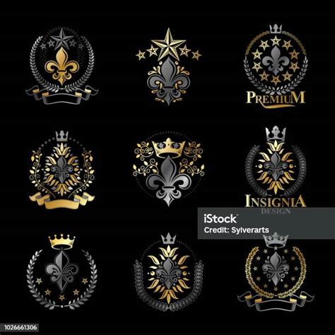 릴리 꽃 로얄 기호 엠 블 럼 설정합니다 전 령 팔의 외 투 장식 격리 벡터 일러스트 컬렉션에 서명합니다 0명에 대한 스톡 벡터 아트 및 기타 이미지 Istock