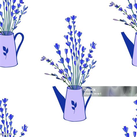 완벽 한 패턴 급수 깡통 흰색 배경 청첩장 인사장 꽃집이 게에 대 한 스크랩북 디자인 원 예 요소에 고립 된 라벤더 꽃 손 그려진된 화려한 벡터 낙서 0명에 대한 스톡 벡터