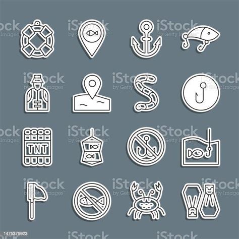 수영을 위한 고무 오리발 물고기가 있는 낚시 후크 앵커 위치 낚시 어부 구명부표 및 벌레 아이콘을 설정합니다 벡터 0명에 대한