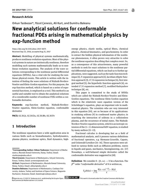 Pdf New Analytical Solutions For Conformable Fractional Pdes Arising In Mathematical Physics