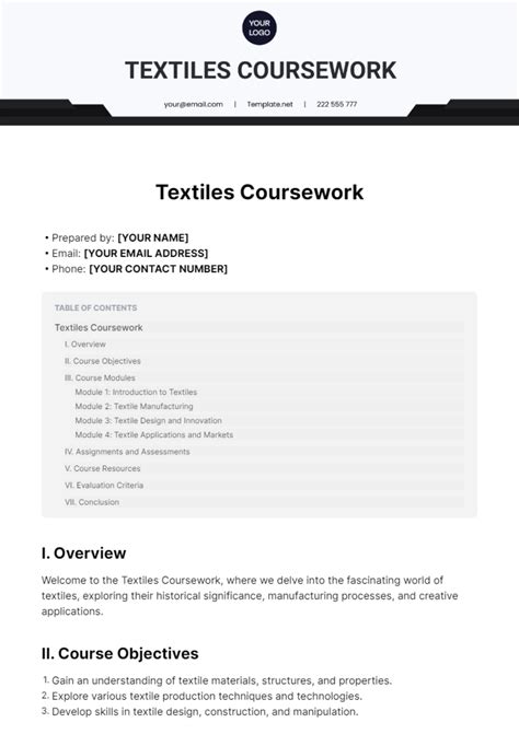Free Textiles Coursework Template To Edit Online