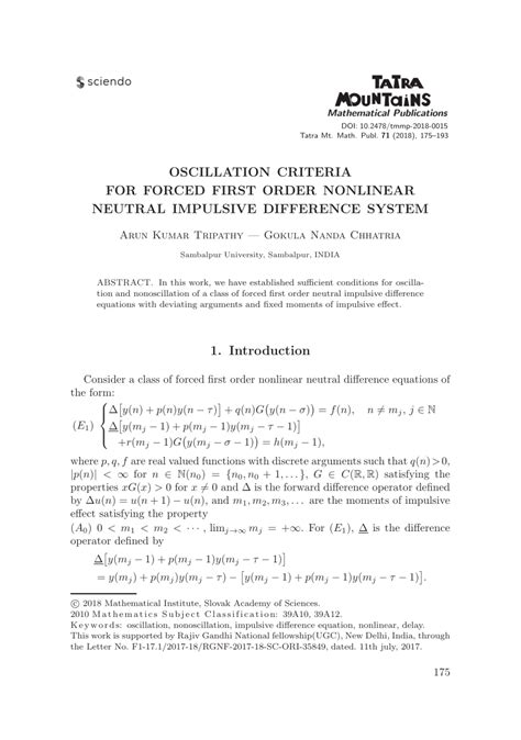 Pdf Oscillation Criteria For Forced First Order Nonlinear Neutral Impulsive Difference System
