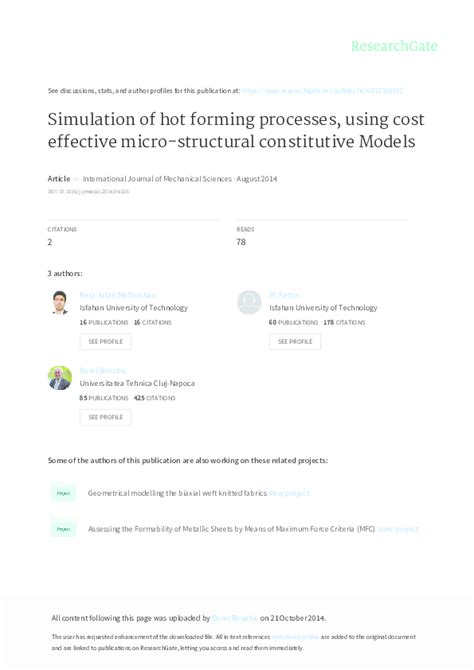 Pdf Simulation Of Hot Forming Processes Using Cost Effective Micro Structural Constitutive Models