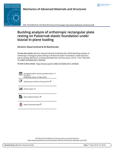 Pdf Buckling Analysis Of Orthotropic Rectangular Plate Resting On Pasternak Elastic Foundation
