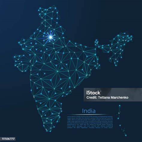 인도 통신 네트워크지도 별과 공간의 형태로 포인트와 모양으로 구성된 도시 또는 인구 밀도의 형태로 조명글로벌지도의 벡터 낮은 폴리 이미지 벡터에 대한 스톡 벡터 아트 및