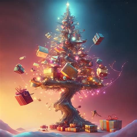 Premium Photo Fantasy Christmas Tree With Ts Celebrating Merry Christmas Christmas Card