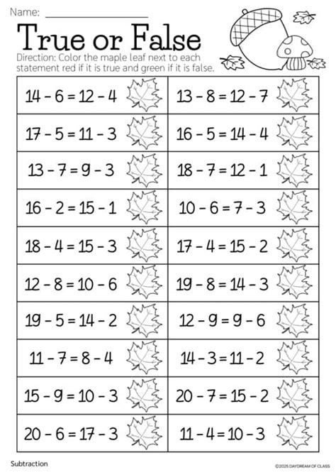 Fall True Or False Equations Additionsubtraction Math Practice Worksheet