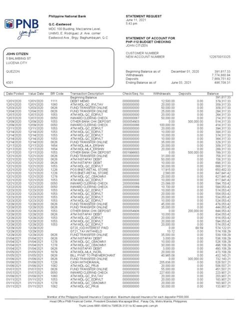 Philippines Pnb Bank Statement Template In Word And Pdf Format 4 Pages
